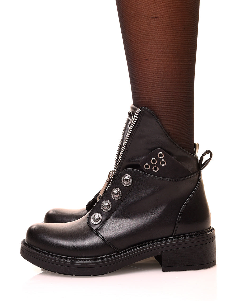 Bottines noires à languette zippée et strass
